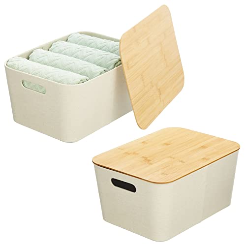 mDesign Fabric Basket with Lid - Stacking Decorative Storage Bin Box with Bamboo Lid Cover for Closet, Bedroom, Living Room or Office - Holds Clothing, Linens, and Accessories, 2 Pack, Cream