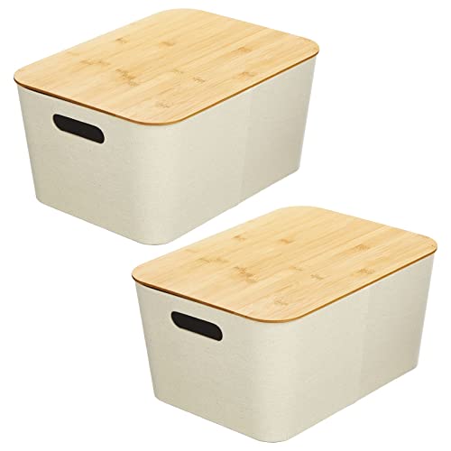 mDesign Fabric Basket with Lid - Stacking Decorative Storage Bin Box with Bamboo Lid Cover for Closet, Bedroom, Living Room or Office - Holds Clothing, Linens, and Accessories, 2 Pack, Cream