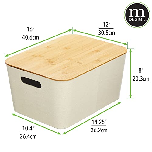 mDesign Fabric Basket with Lid - Stacking Decorative Storage Bin Box with Bamboo Lid Cover for Closet, Bedroom, Living Room or Office - Holds Clothing, Linens, and Accessories, 2 Pack, Cream