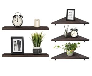 mkono 5 pieces set floating shelves for wall, 2 pack rectangle wood shelf and 3 pack triangle wood board corner shelves