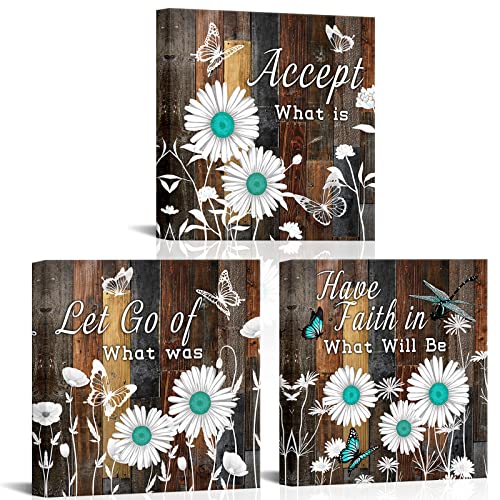 OuElegent 3 Piece Daisy Canvas Wall Art Inspirational Quotes Painting Pictures Farmhouse Flower Prints Artwork for Office Living Room Bedroom Bathroom Decor Framed Ready to Hang