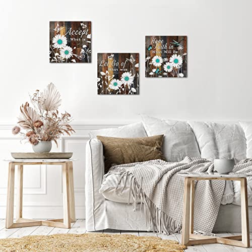 OuElegent 3 Piece Daisy Canvas Wall Art Inspirational Quotes Painting Pictures Farmhouse Flower Prints Artwork for Office Living Room Bedroom Bathroom Decor Framed Ready to Hang