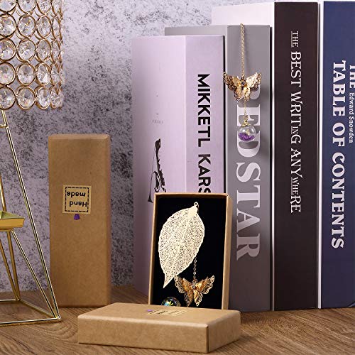 2 Pieces Metal Feather Bookmark Metal Leaf Bookmark with 3D Butterfly, Glass Dry Flower Beads Pendant and Box for Reader Students Friends