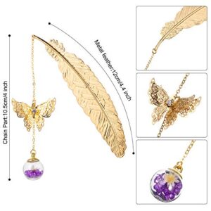 2 Pieces Metal Feather Bookmark Metal Leaf Bookmark with 3D Butterfly, Glass Dry Flower Beads Pendant and Box for Reader Students Friends