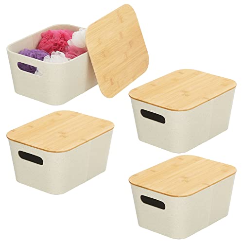 mDesign Fabric Basket with Lid - Wide Stacking Decorative Storage Box Bins with Covered Bamboo Lids for Closet, Bedroom, Living Room or Office - Holds Clothing and Accessories, 4 Pack, Cream