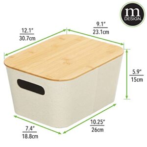 mDesign Fabric Basket with Lid - Wide Stacking Decorative Storage Box Bins with Covered Bamboo Lids for Closet, Bedroom, Living Room or Office - Holds Clothing and Accessories, 4 Pack, Cream