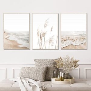 beach wall art boho prints coastal canvas wall art unframed, beach pictures wall art pampas grass ocean poster plant landscape beach scene artwork for living room bedroom decor 16×24 inch, set of 3