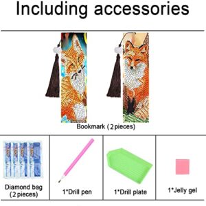 pigpigboss Fox Bookmark Diamond Painting Kit 2 Pieces DIY Diamond Painting Bookmark with Tassel Animal Fox Bookmark Diamond Dots Art for Adult Kids Book Decor Crafts