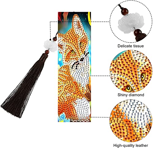 pigpigboss Fox Bookmark Diamond Painting Kit 2 Pieces DIY Diamond Painting Bookmark with Tassel Animal Fox Bookmark Diamond Dots Art for Adult Kids Book Decor Crafts