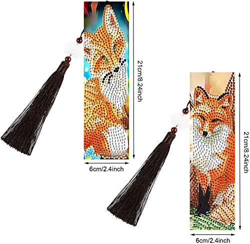 pigpigboss Fox Bookmark Diamond Painting Kit 2 Pieces DIY Diamond Painting Bookmark with Tassel Animal Fox Bookmark Diamond Dots Art for Adult Kids Book Decor Crafts