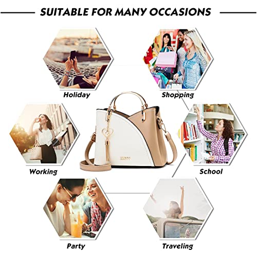 Women's PU Leather Handbags Purse Top-handle Bags Contrast Color Tassel Stitching Totes Satchel Shoulder Bag for Ladies (White-khaki)