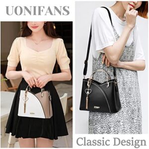 Women's PU Leather Handbags Purse Top-handle Bags Contrast Color Tassel Stitching Totes Satchel Shoulder Bag for Ladies (White-khaki)