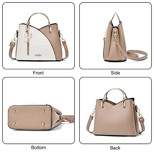 Women's PU Leather Handbags Purse Top-handle Bags Contrast Color Tassel Stitching Totes Satchel Shoulder Bag for Ladies (White-khaki)