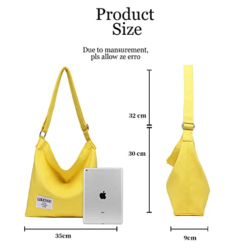 LIKEYOU Women's Canvas Retro Large Size Hobo Shoulder Bag Handbag Casual Tote (Yellow)