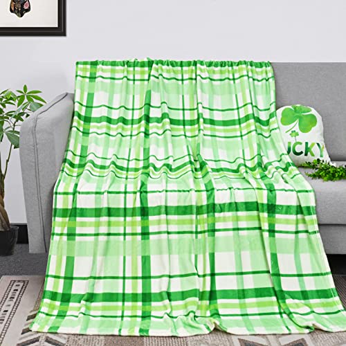 St Patricks Day Fleece Throw Blanket with Gift Bag, Soft Lucky Green Stiped Throw Blanket for Girls Women Men, Lightweight Cozy Plush Shrow Blanket for Couch Chair Bed Sofa, 50 x 60 Inch