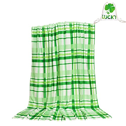 St Patricks Day Fleece Throw Blanket with Gift Bag, Soft Lucky Green Stiped Throw Blanket for Girls Women Men, Lightweight Cozy Plush Shrow Blanket for Couch Chair Bed Sofa, 50 x 60 Inch