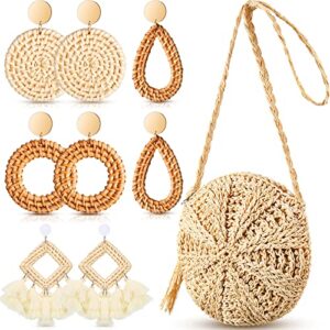 straw purses bags woven summer clutch purses crossbody shoulder handbag bag with 4 pairs earrings rattan boho earrings for women girl (round tassel style)