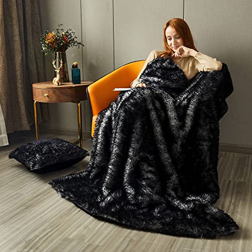 XeGe 3 Pieces Luxury Faux Fur Throw Blanket, Fluffy Blanket and Pillow Covers Set, Ombre Fuzzy Blanket Soft Bed Blanket 50x60 Plush Throw Pillow Shams 18x18 for Sofa Chair Couch Living Room, Black