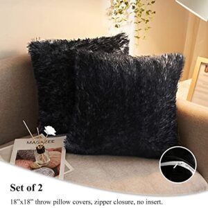 XeGe 3 Pieces Luxury Faux Fur Throw Blanket, Fluffy Blanket and Pillow Covers Set, Ombre Fuzzy Blanket Soft Bed Blanket 50x60 Plush Throw Pillow Shams 18x18 for Sofa Chair Couch Living Room, Black