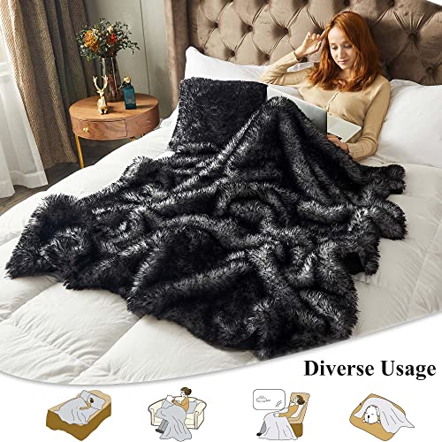 XeGe 3 Pieces Luxury Faux Fur Throw Blanket, Fluffy Blanket and Pillow Covers Set, Ombre Fuzzy Blanket Soft Bed Blanket 50x60 Plush Throw Pillow Shams 18x18 for Sofa Chair Couch Living Room, Black