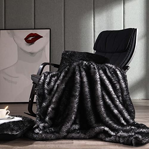 XeGe 3 Pieces Luxury Faux Fur Throw Blanket, Fluffy Blanket and Pillow Covers Set, Ombre Fuzzy Blanket Soft Bed Blanket 50x60 Plush Throw Pillow Shams 18x18 for Sofa Chair Couch Living Room, Black