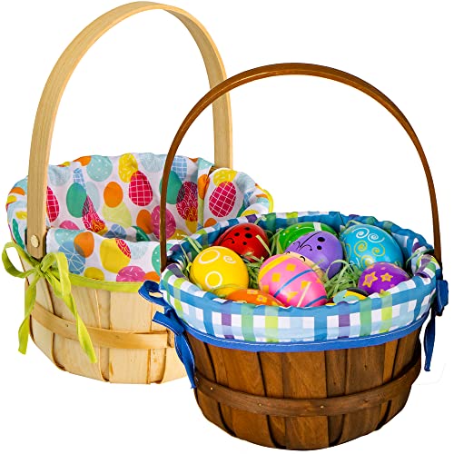 JOYIN 2 Pcs Easter Natural Woven Woodchip Basket with Lining, Easter Wicker Wooden Eggs Basket with Handle for Picnic, Gift Packing, Storage and Decor