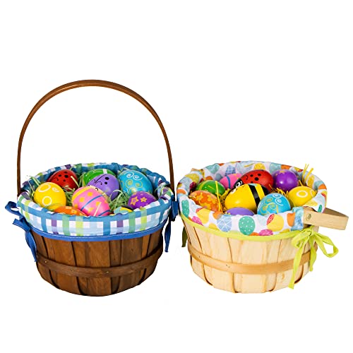 JOYIN 2 Pcs Easter Natural Woven Woodchip Basket with Lining, Easter Wicker Wooden Eggs Basket with Handle for Picnic, Gift Packing, Storage and Decor