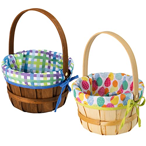 JOYIN 2 Pcs Easter Natural Woven Woodchip Basket with Lining, Easter Wicker Wooden Eggs Basket with Handle for Picnic, Gift Packing, Storage and Decor