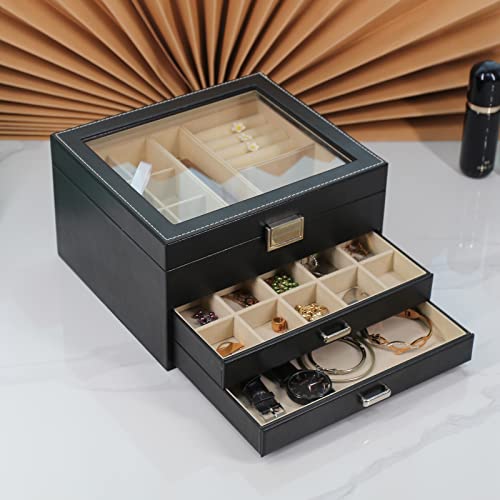 BOOVO Clear Lid Jewelry Box,3 Layers Jewelry Organizer Large Multi-Functional Jewelry Storage Box with 2 Drawers,Jewelry Display Case of Rings Earrings Necklace Bracelets for Women Girls (Black)