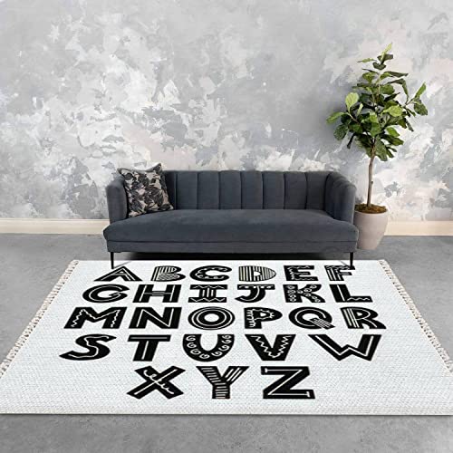 DGAIER Boho Rug Scandinavian Black White Alphabet Font is Scandinavian Style Simple Area Woven Rug with Tassels Patio Mat