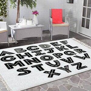 DGAIER Boho Rug Scandinavian Black White Alphabet Font is Scandinavian Style Simple Area Woven Rug with Tassels Patio Mat