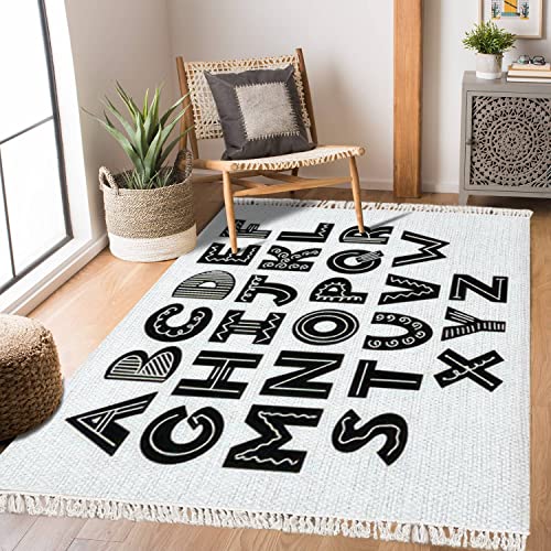 DGAIER Boho Rug Scandinavian Black White Alphabet Font is Scandinavian Style Simple Area Woven Rug with Tassels Patio Mat