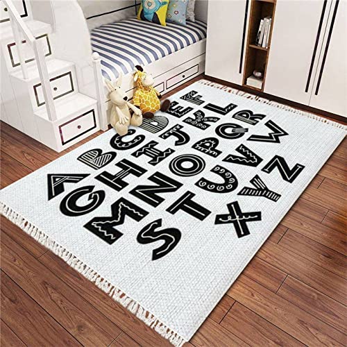 DGAIER Boho Rug Scandinavian Black White Alphabet Font is Scandinavian Style Simple Area Woven Rug with Tassels Patio Mat