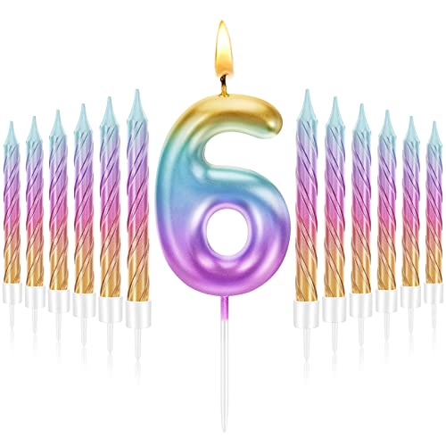 2.7 Inch Birthday Candles Rainbow Number Candle with 12 Pieces Numeral Rainbow Spiral Candle First One Year Candle for Baby Girl Boy Birthday Cake Topper Anniversary Wedding Party Decor (Number 6)