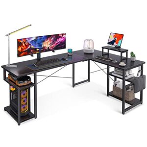 odk 66″ l shaped desk computer desk with storage shelves & pc stand, gaming desk with monitor stand, home office writing desk, modern larger wooden desk, black