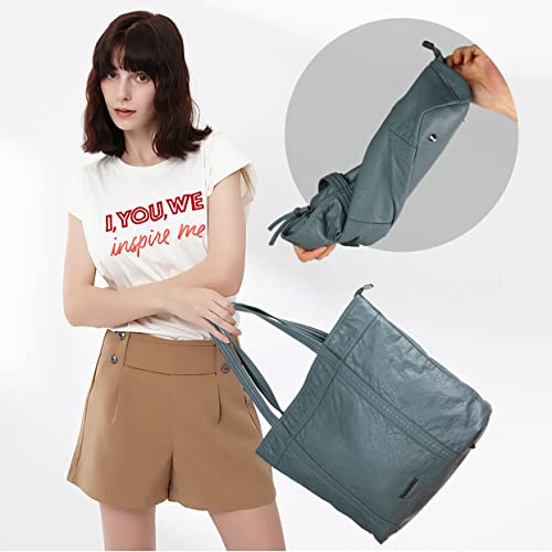 Montana West Tote Shoulder Bag for Women Vegan Leather Western Hobo Bags Ladies Top Handle Handbags Vintage Purses with Zipper Hazy Blue MCW-116JEAN