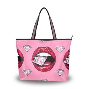 lip diamond tote bag aesthetic, large capacity zipper women grocery bags purse for daily life 2 sizes