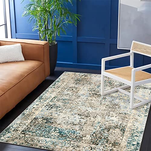 U'Artlines Madison Collection FAR120A Boho Chic Farshe Trellis Non-Shedding Living Room Entryway Foyer Hallway Bedroom Area Rug, 4' x 6' , Aqua Gris Non Slip Washable Area Rug