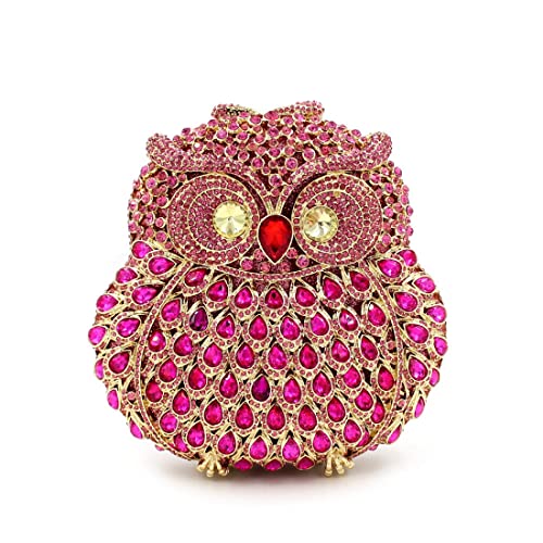 UMREN Cute Owl Clutch Women Crystal Evening Bags Luxury Handbag Rhinestone Wedding Party Purse Fuchsia