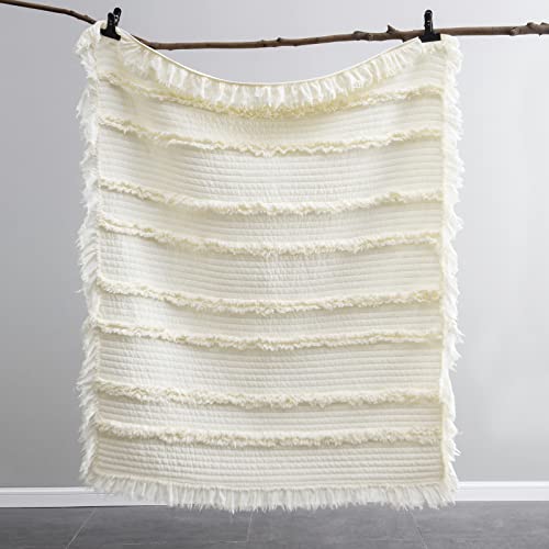 Ultra Soft Pre-Washed Quilted Throw Blanket, Ruffle Fringed Cream Boho Decorative Throw, Stone Washed Chic Rustic Blanket for Sofa Couch Bed Chair, 50"x 60"