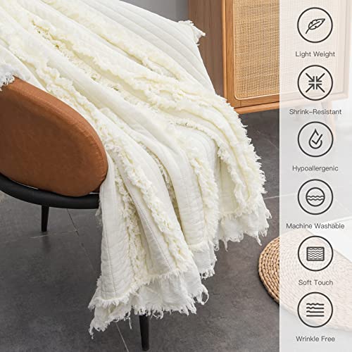 Ultra Soft Pre-Washed Quilted Throw Blanket, Ruffle Fringed Cream Boho Decorative Throw, Stone Washed Chic Rustic Blanket for Sofa Couch Bed Chair, 50"x 60"