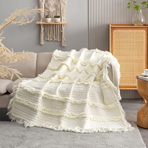 Ultra Soft Pre-Washed Quilted Throw Blanket, Ruffle Fringed Cream Boho Decorative Throw, Stone Washed Chic Rustic Blanket for Sofa Couch Bed Chair, 50"x 60"