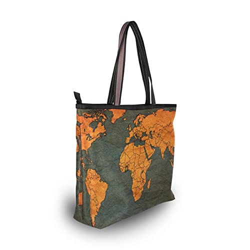 Tote Bag Rock World Map Print, Large Capacity Zipper Women Grocery Bags Purse for Daily Life 2 Sizes