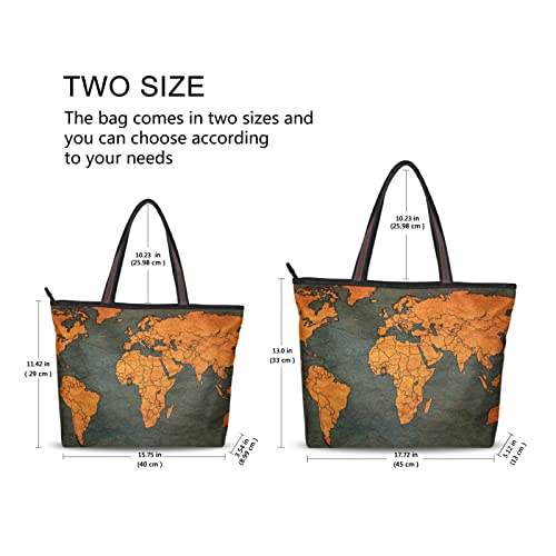 Tote Bag Rock World Map Print, Large Capacity Zipper Women Grocery Bags Purse for Daily Life 2 Sizes