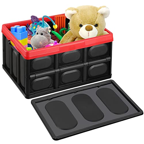 jocabo Collapsible Storage Box with lid 30L Lidded Bin Crates Plastic Tote Container Stackable Folding Utility for Clothes, Toy, Books ,Snack, Shoe -Black