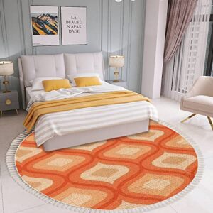 Round Area Rugs Retro 70s Groovy mid Century Modern Ogee Seamless Orange Brown Beige Woven Rug Bedroom Decor Bathroom Powder Room Laundry Room Boho Carpet Outdoor Rug Minimalist Home Decor, 4 ft