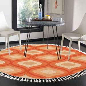 Round Area Rugs Retro 70s Groovy mid Century Modern Ogee Seamless Orange Brown Beige Woven Rug Bedroom Decor Bathroom Powder Room Laundry Room Boho Carpet Outdoor Rug Minimalist Home Decor, 4 ft