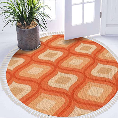 Round Area Rugs Retro 70s Groovy mid Century Modern Ogee Seamless Orange Brown Beige Woven Rug Bedroom Decor Bathroom Powder Room Laundry Room Boho Carpet Outdoor Rug Minimalist Home Decor, 4 ft