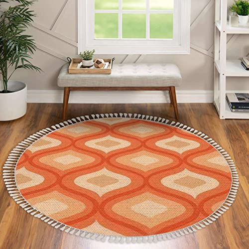 Round Area Rugs Retro 70s Groovy mid Century Modern Ogee Seamless Orange Brown Beige Woven Rug Bedroom Decor Bathroom Powder Room Laundry Room Boho Carpet Outdoor Rug Minimalist Home Decor, 4 ft