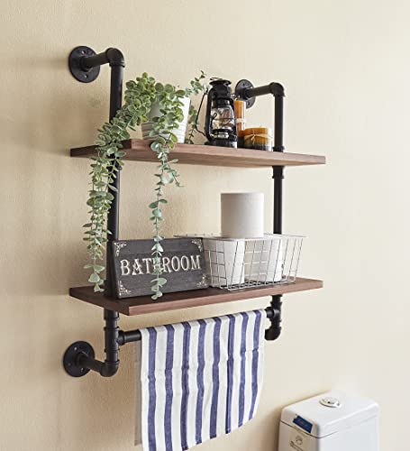 MEYRUOXI Pipe Shelves Industrial Pipe Shelving Industrial Bathroom Shelves with Towel bar,24 in Rustic Metal Pipe Floating Shelves Pipe Wall Shelf,2 Tier Industrial Shelf Wall Mounted with Hook